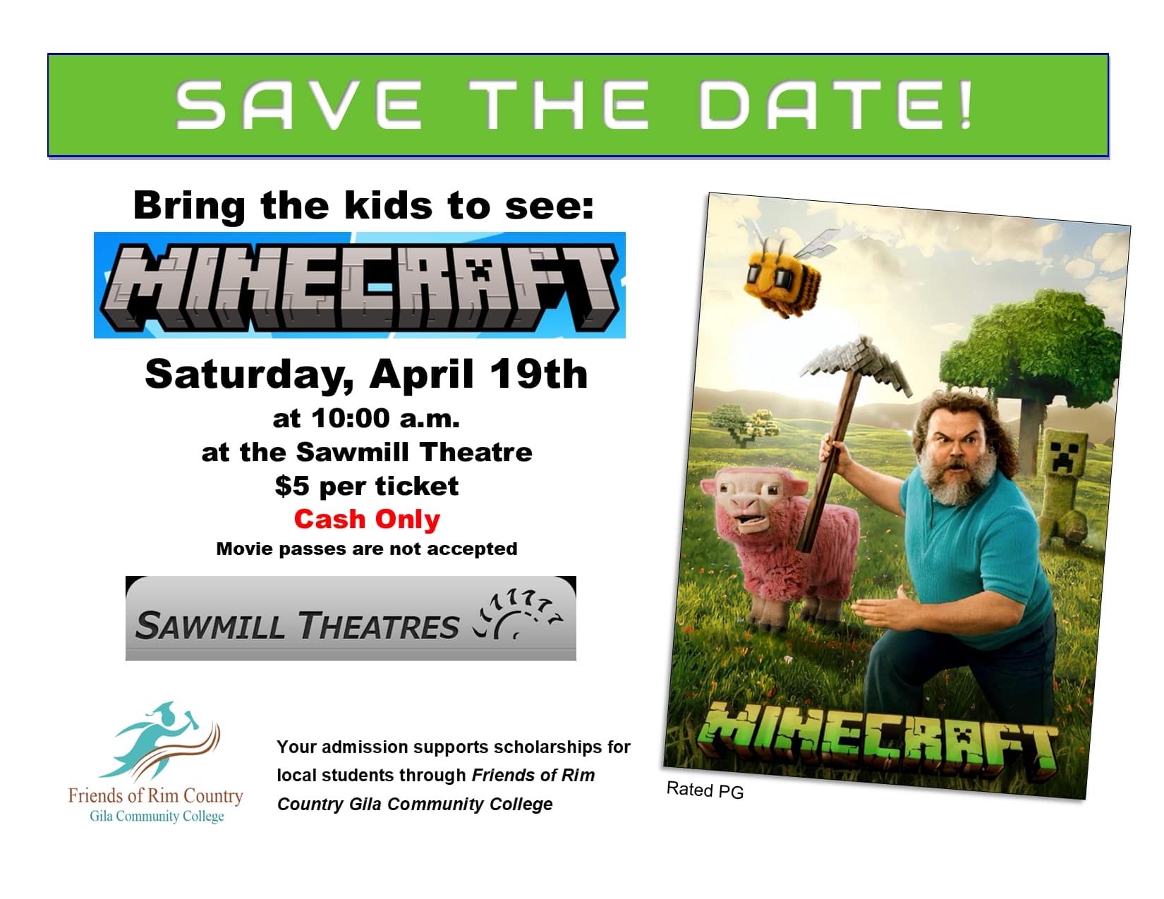 Minecraft Movie - April 19 - Fundraiser - Friends of Rim Country GCC